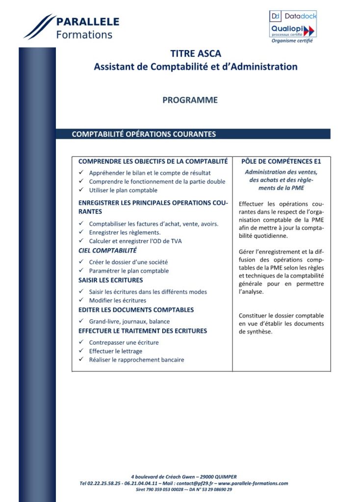 CERTIFICATION ASCA PARALLELE FORMATIONS - PARALLELE FORMATIONS